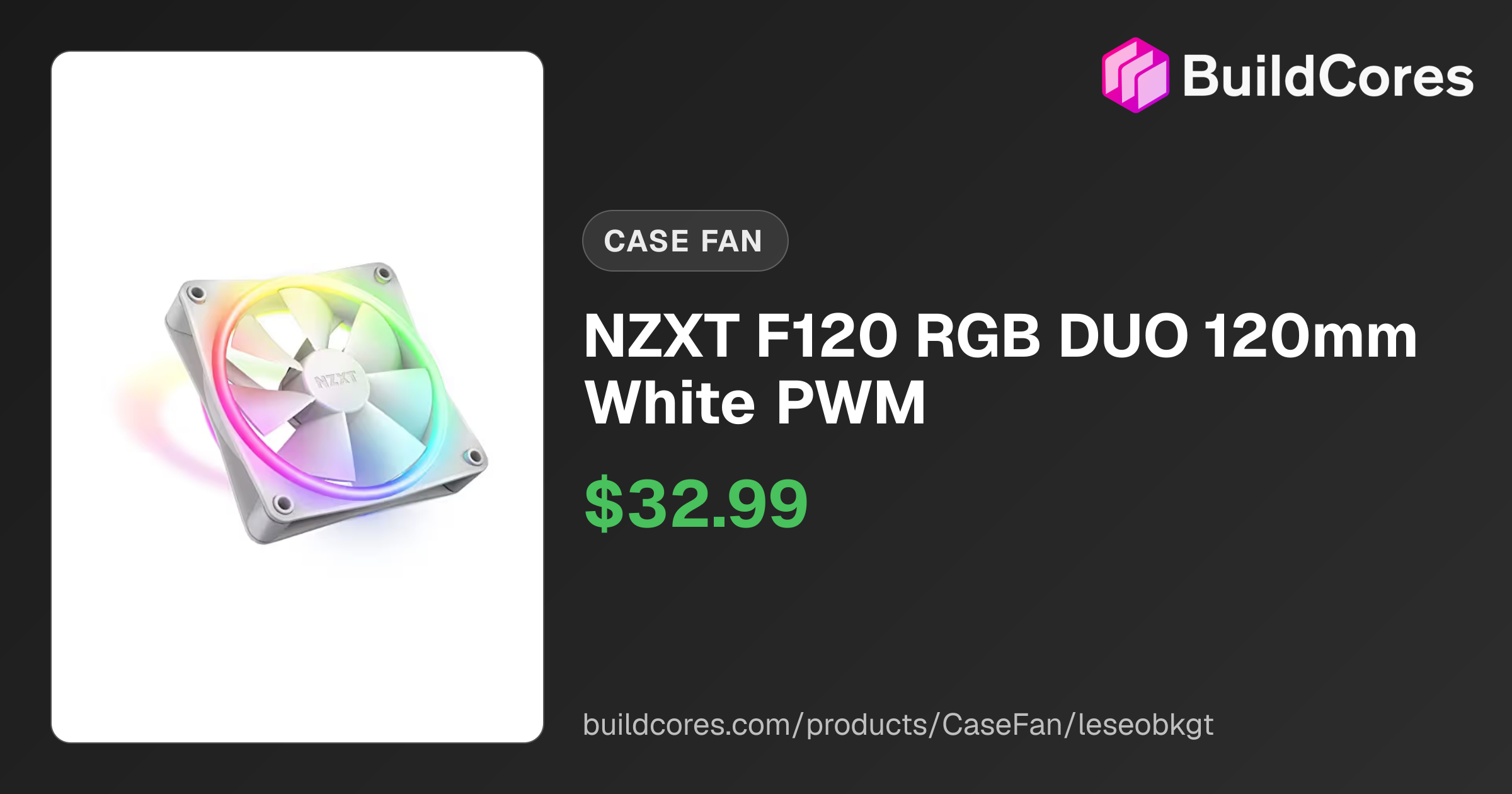 NZXT F120 RGB DUO 120mm White PWM 48.58 CFM | BuildCores