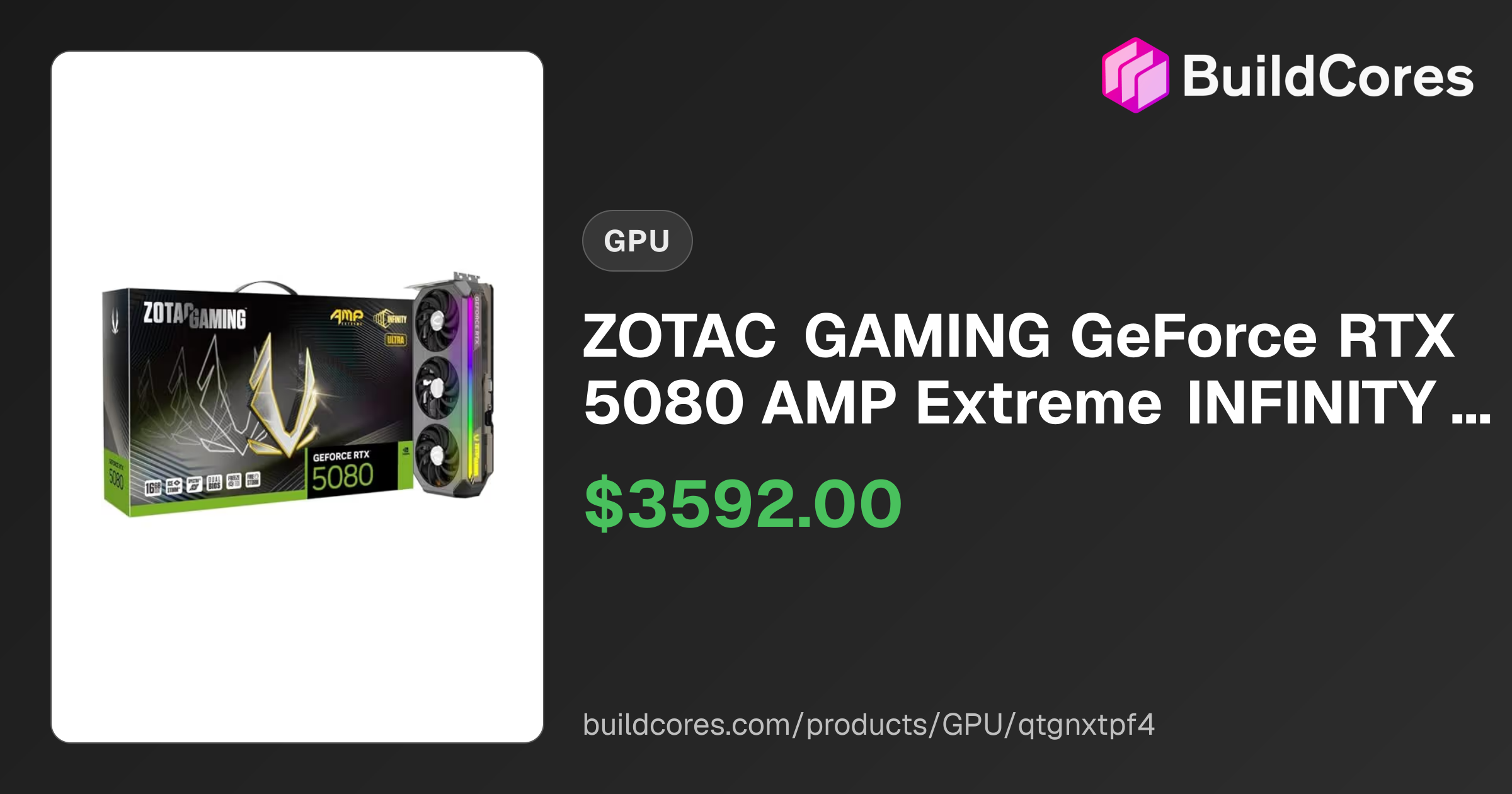 ZOTAC GAMING GeForce RTX 5080 AMP Extreme INFINITY ULTRA 16GB GDDR7 ...