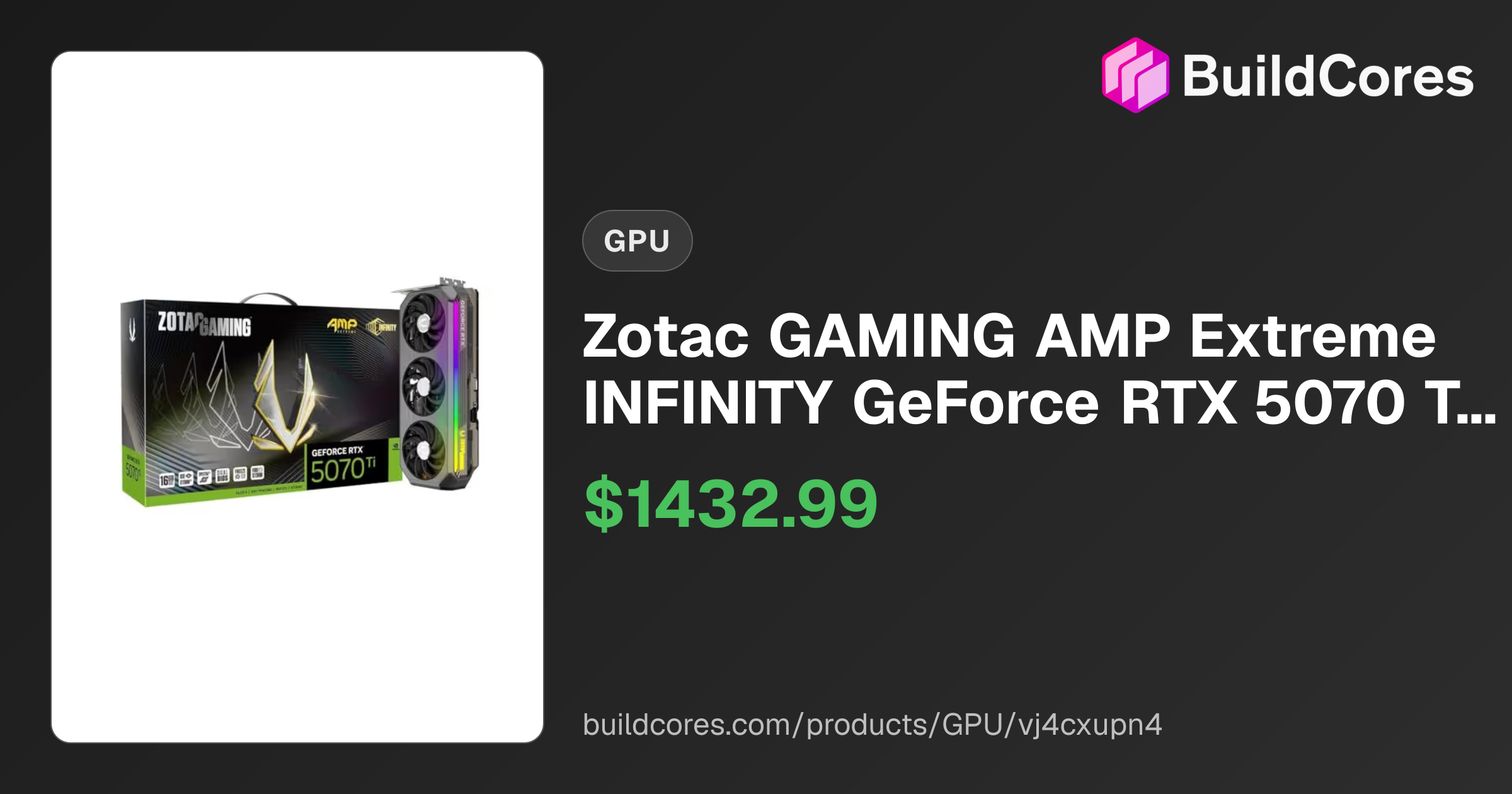 Zotac GAMING AMP Extreme INFINITY GeForce RTX 5070 Ti 16GB GDDR7 Black ...