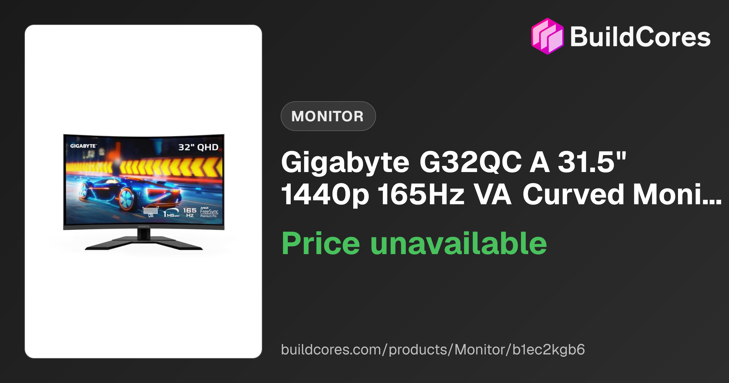 Gigabyte G32QC A 31.5" 1440p 165Hz VA Curved Monitor | BuildCores