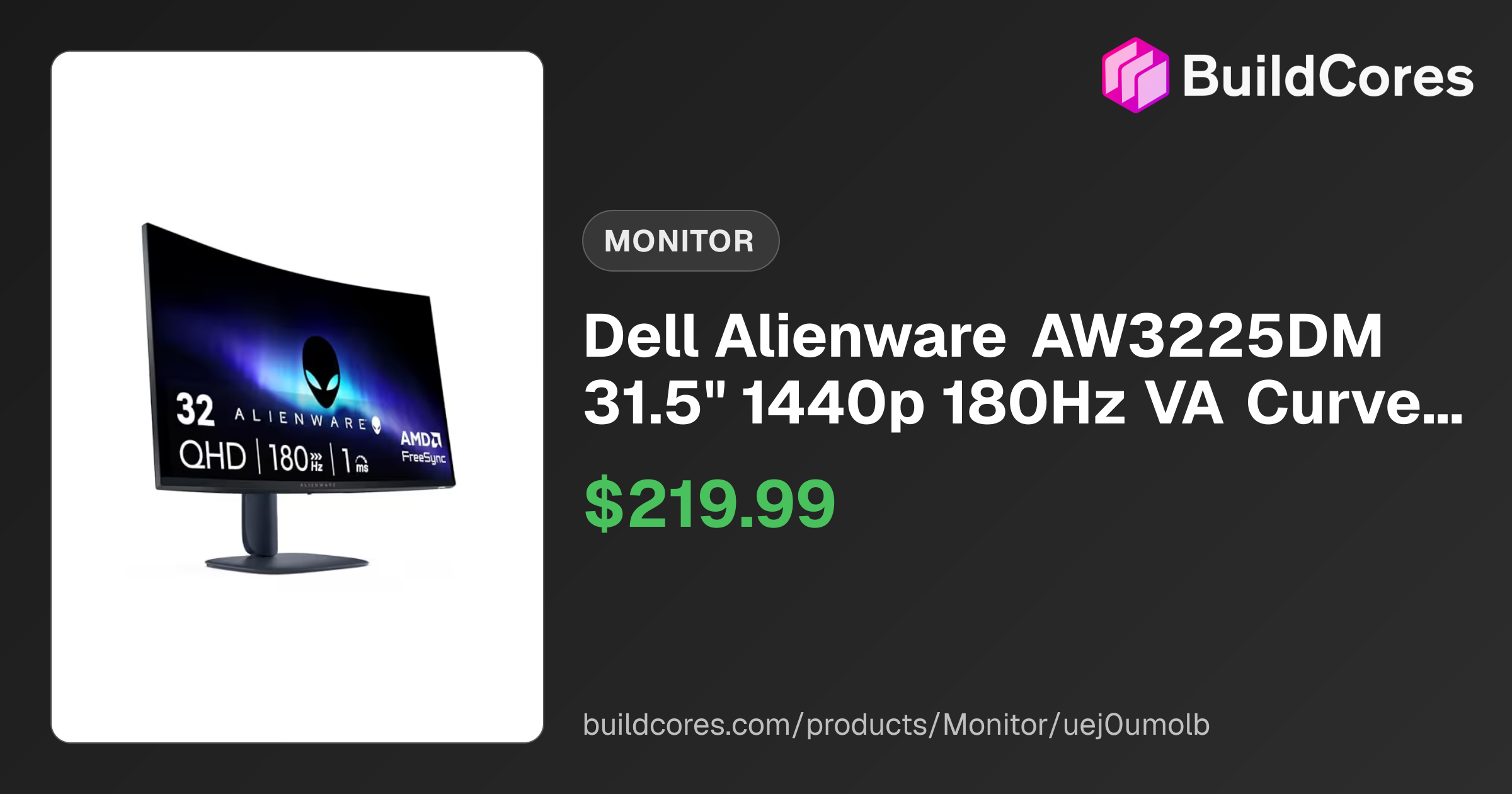 Dell Alienware AW3225DM 31.5" 1440p 180Hz VA Curved Monitor | BuildCores