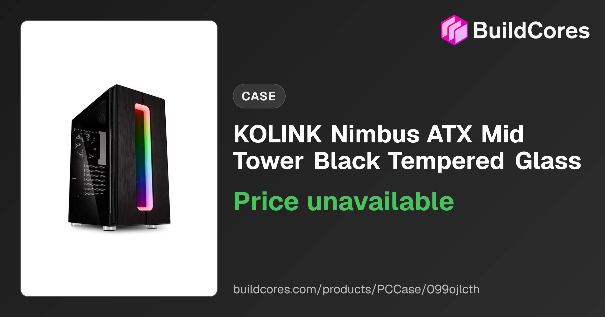 KOLINK Nimbus ATX Mid Tower Black Tempered Glass | BuildCores