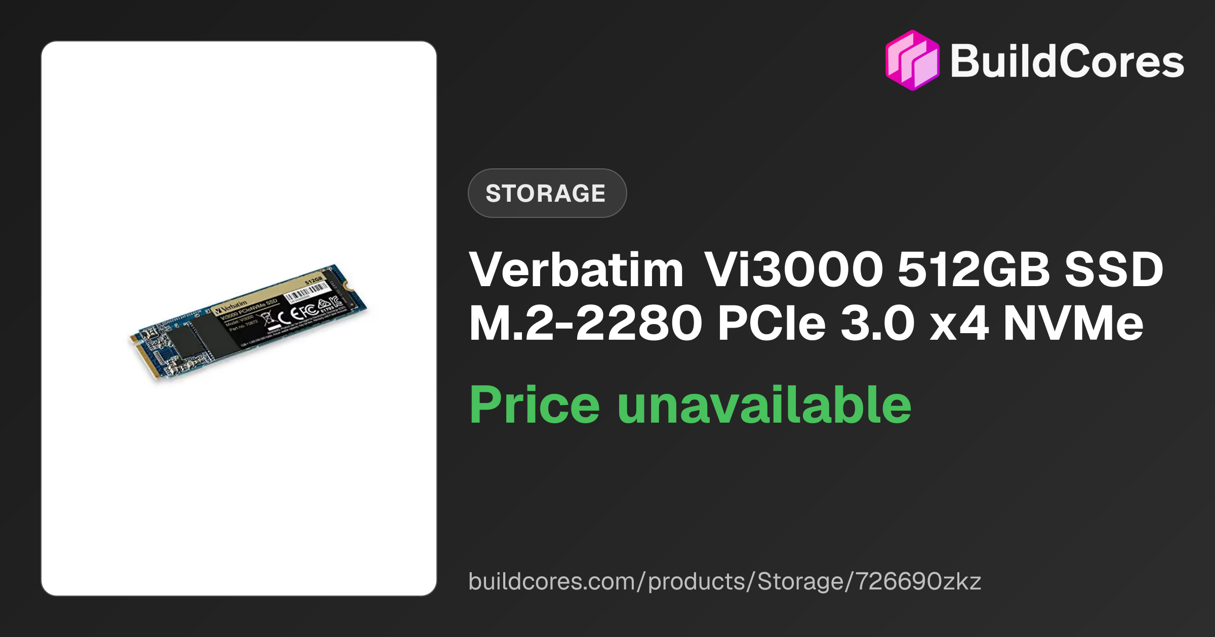 Verbatim Vi3000 512GB SSD M.2-2280 PCIe 3.0 x4 NVMe | BuildCores